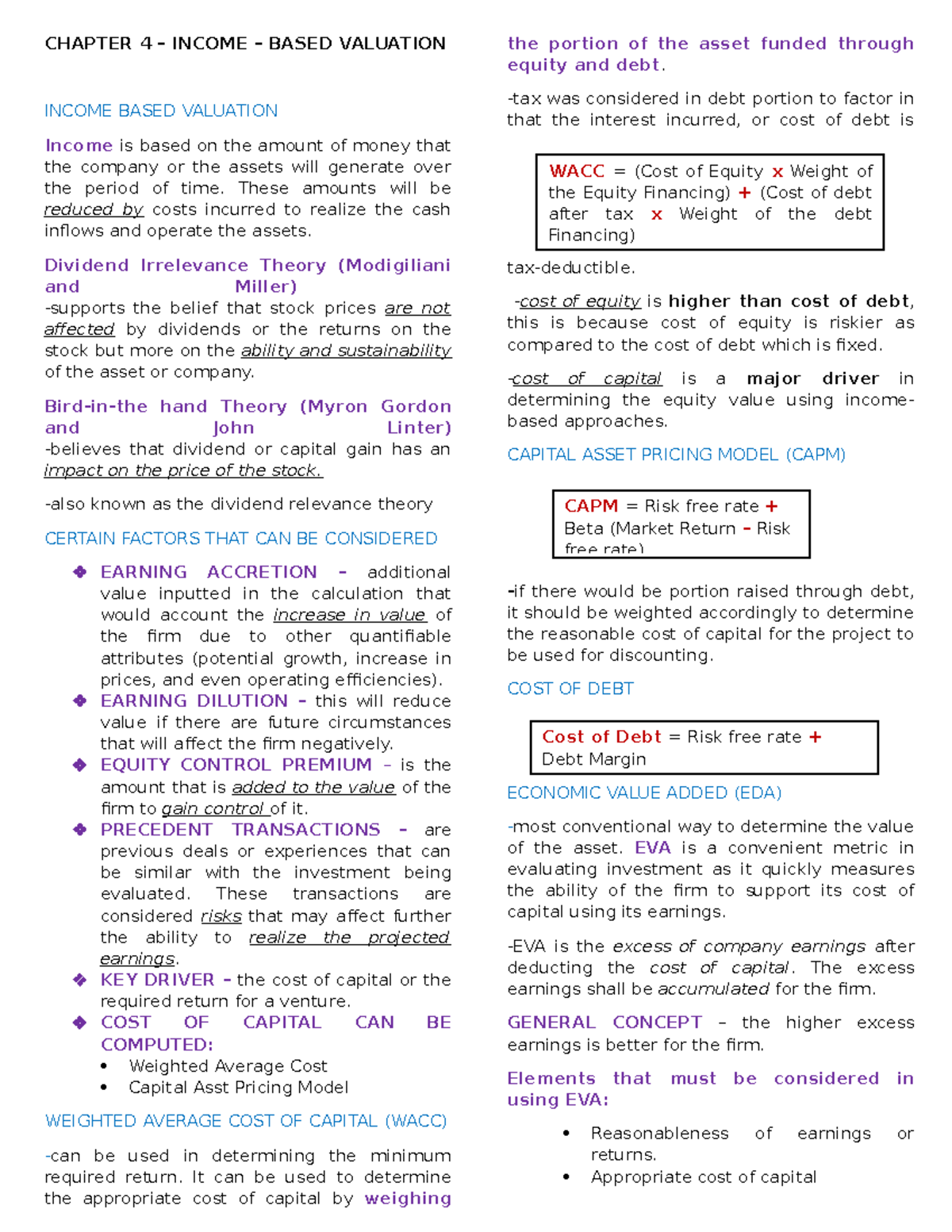 Chapter 4 - Income Based Valuation Notes (FIN 301) - Studocu