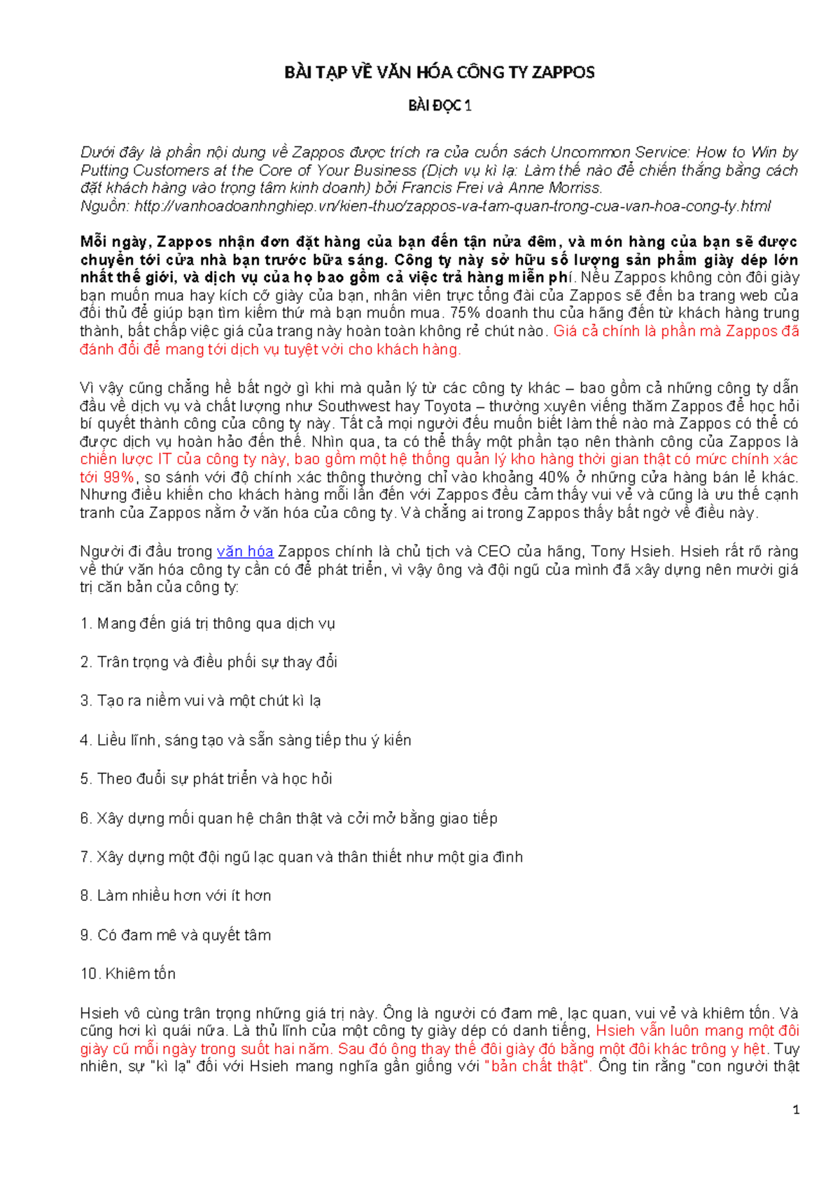 VĂN HÓA CÔNG TY ZAPPOS - PHÂN TÍCH VÀ ĐÁNH GIÁ - Studocu