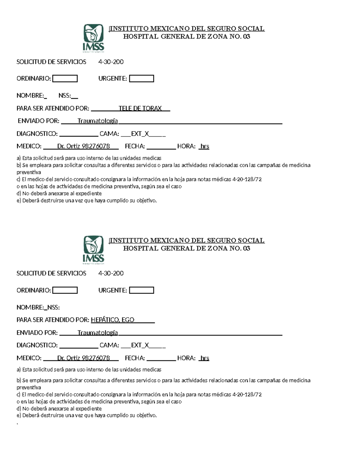 Solicitud de Servicios Médicos Urgentes 4-30- para Tratamientos - Studocu