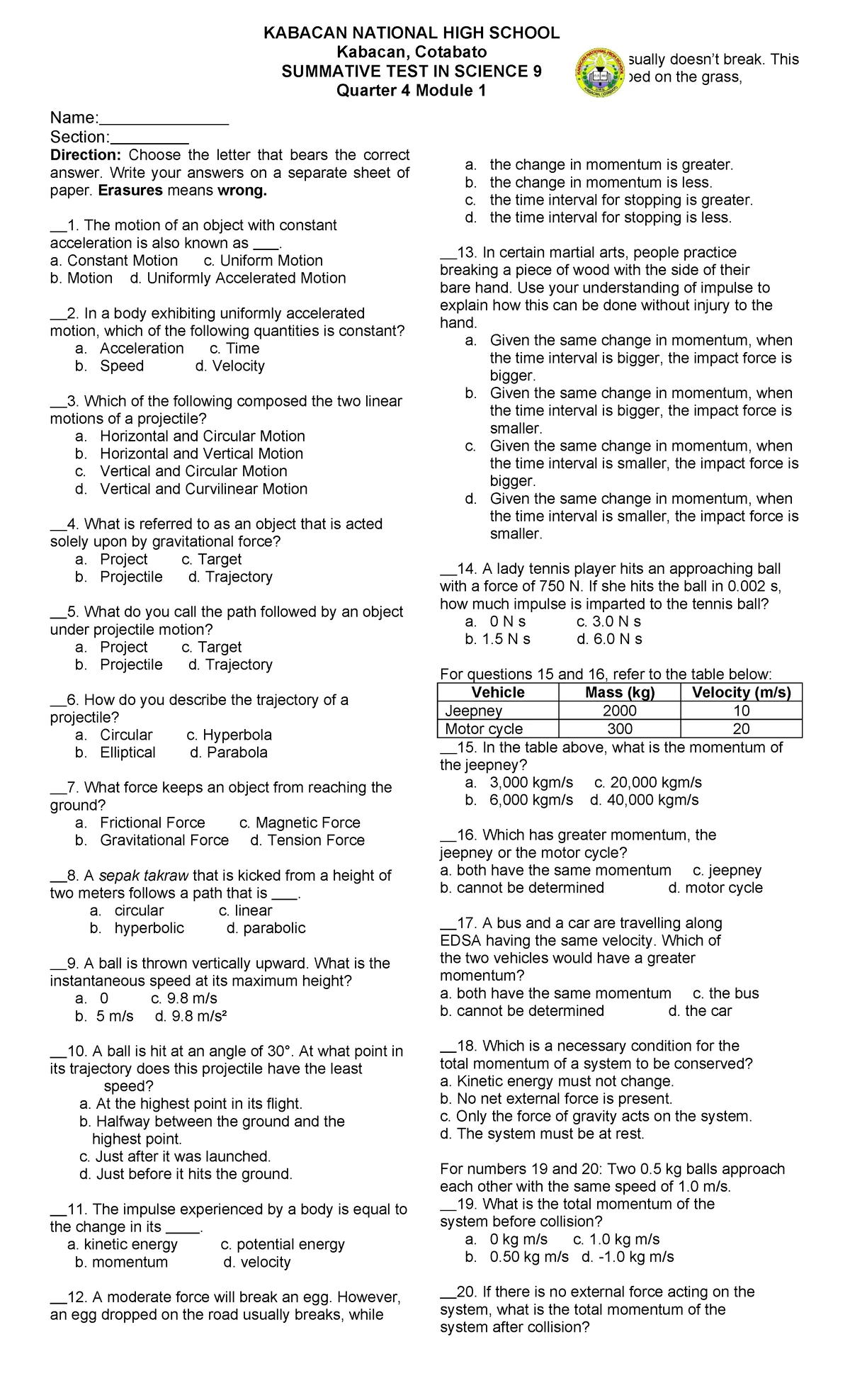Science 9 Q4 Lesson on Conservation of Mechanical Energy - Studocu