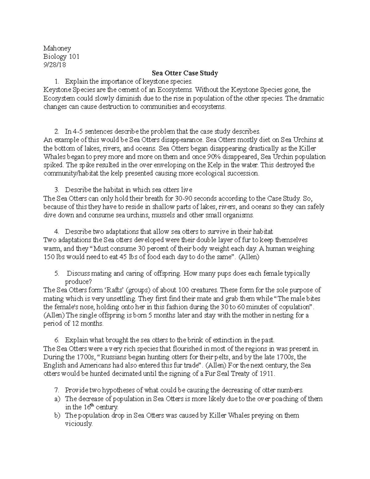 Sea Otter Case Study - Mahoney Biology 101 9/28/ Sea Otter Case Study ...