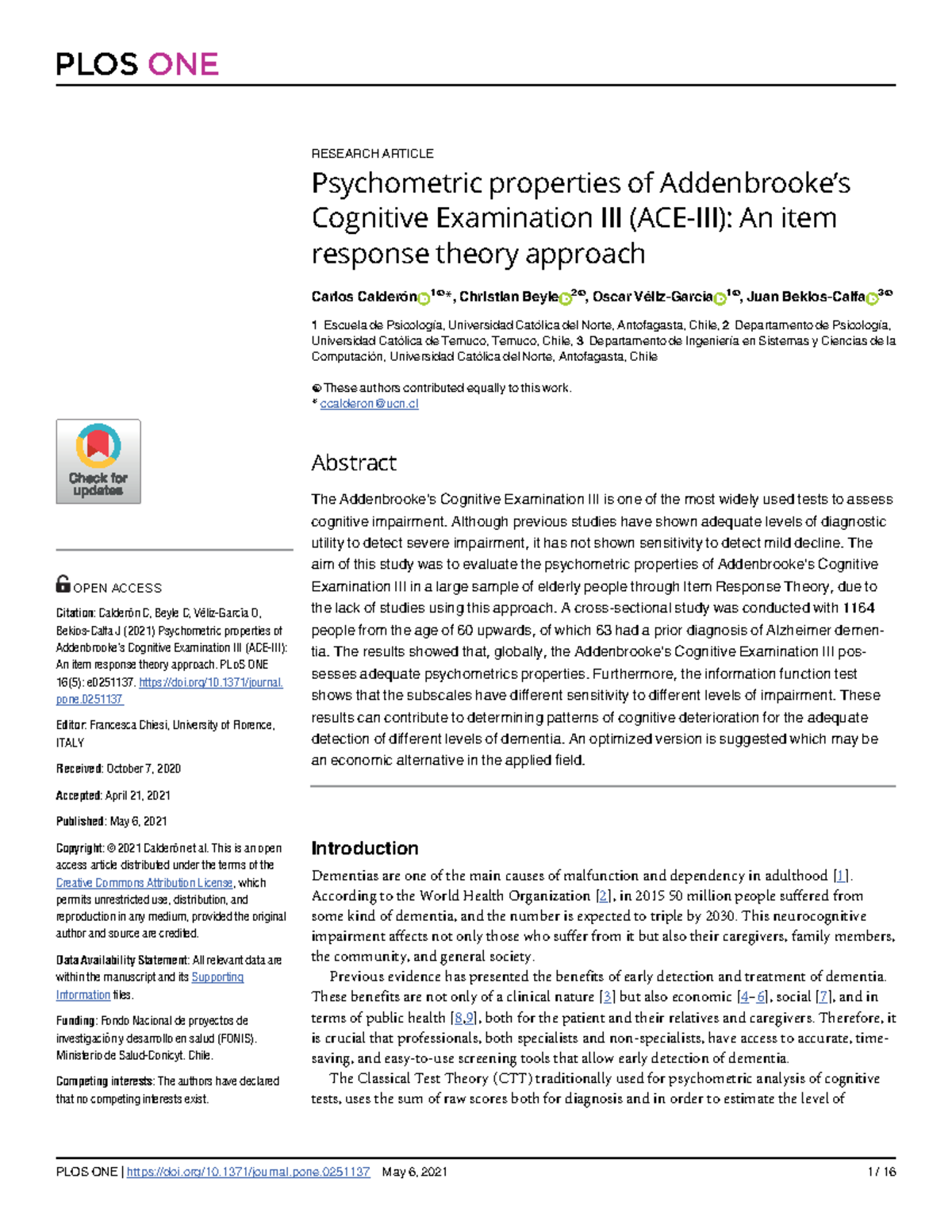 PLOS ONE Research Article: Psychometric Properties of Cognitive ...