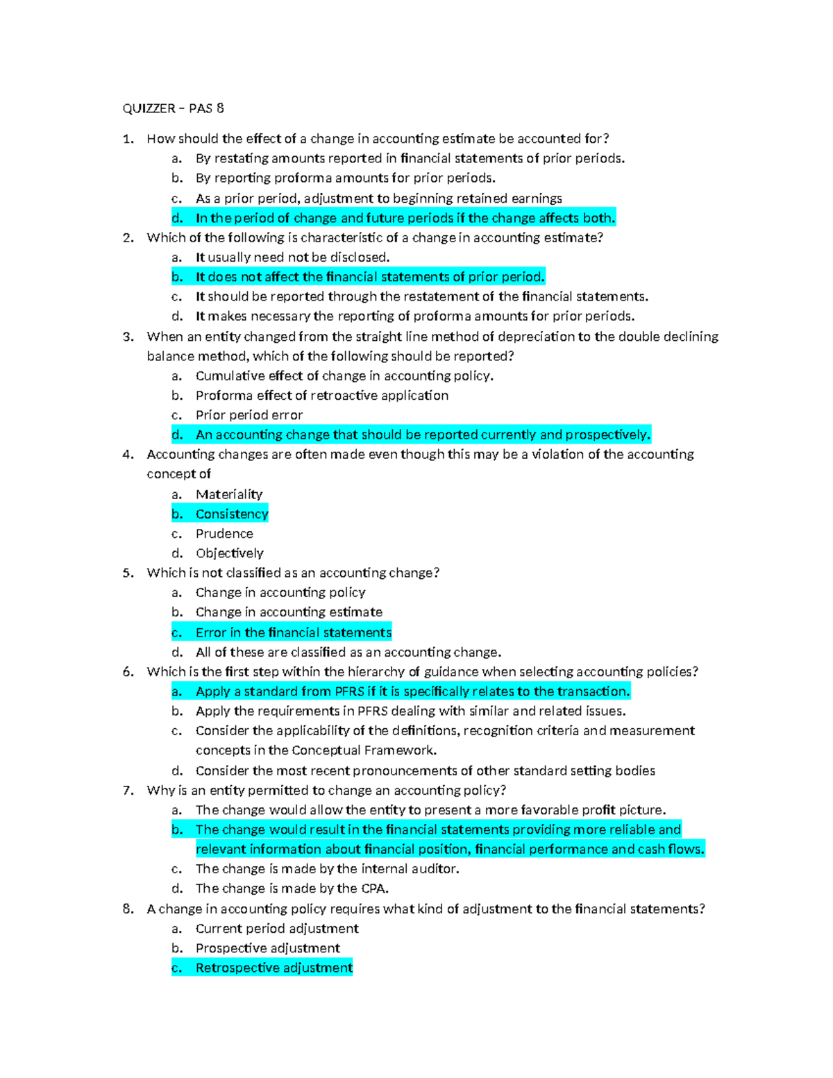 CFAS - Quiz Answer Key for Accounting Changes and Estimates - Studocu