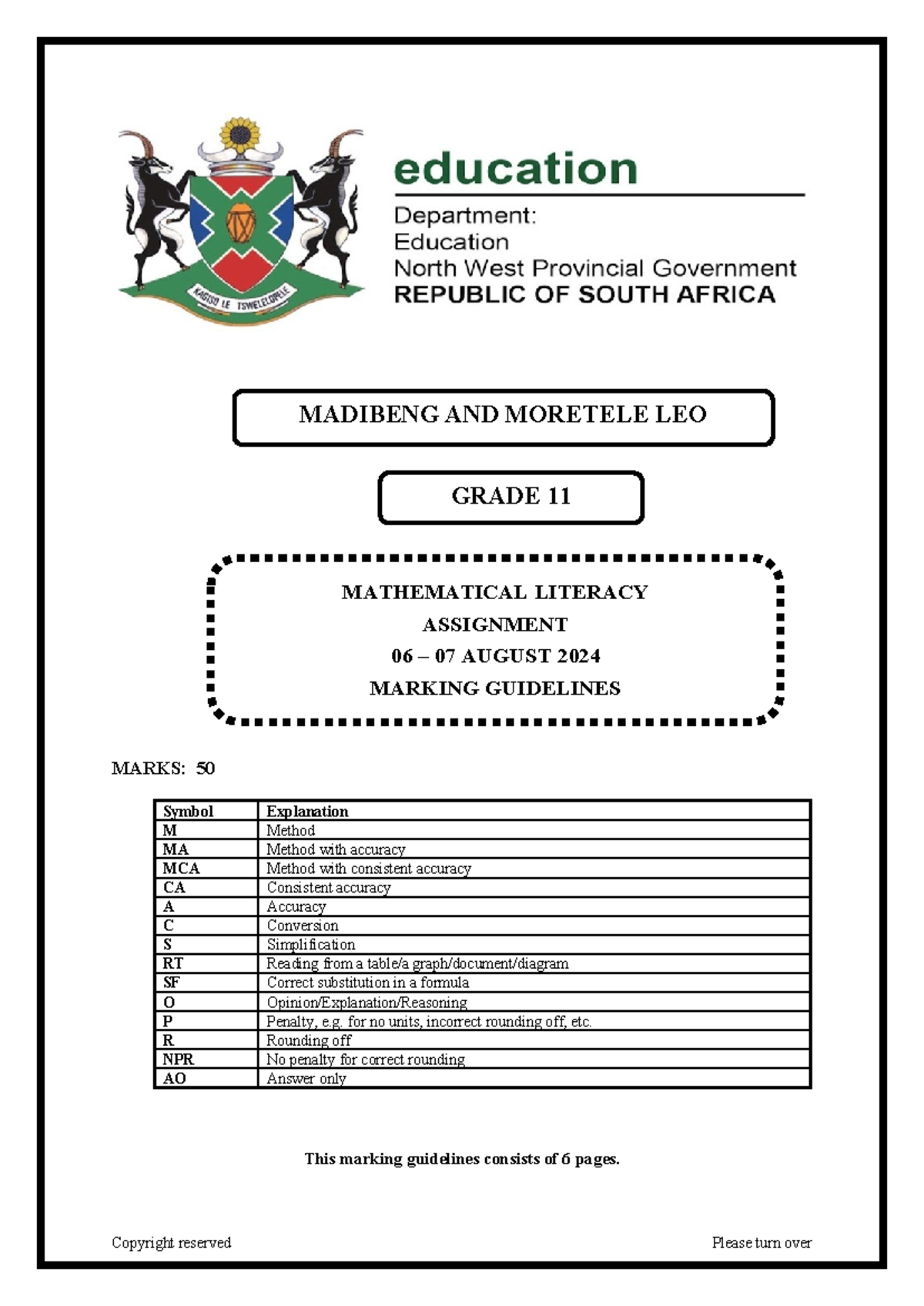 2024 Grade 11 Math Marking Guidelines for Assignment (06-07 Aug) - Studocu