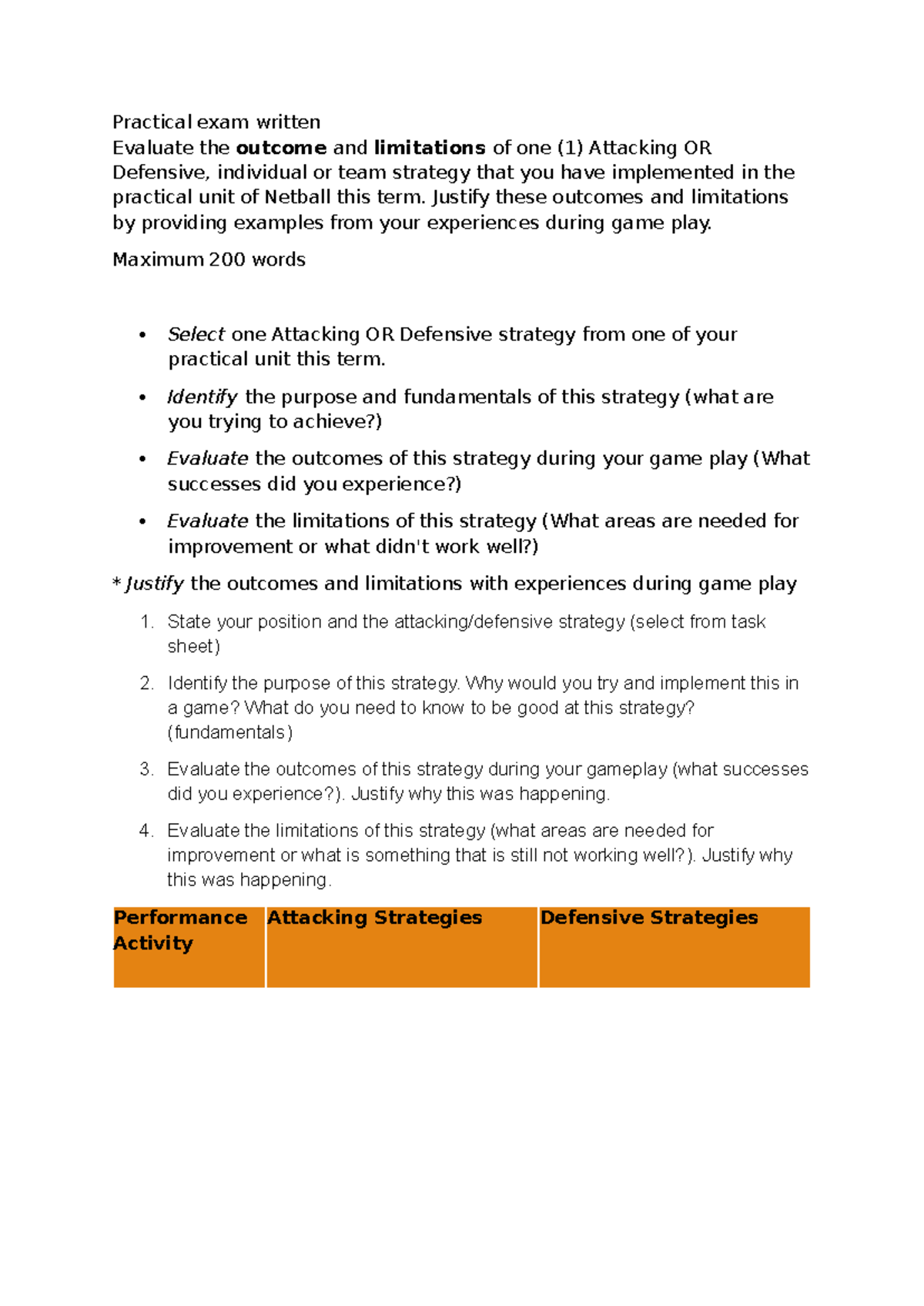 Practical Exam: Evaluating Defensive Strategies in Netball (HPE) - Studocu