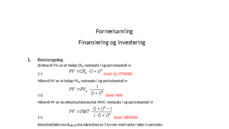 Formelsamling Excel for Finansiering og Investering 1 (FIN2000) - Studocu