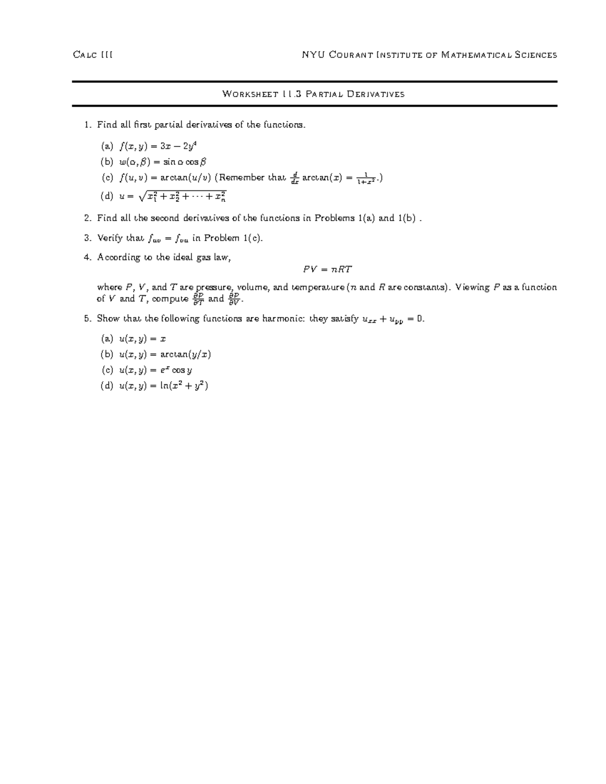 Calc NYU Worksheet 11: Partial Derivatives & Harmonic Functions - Studocu