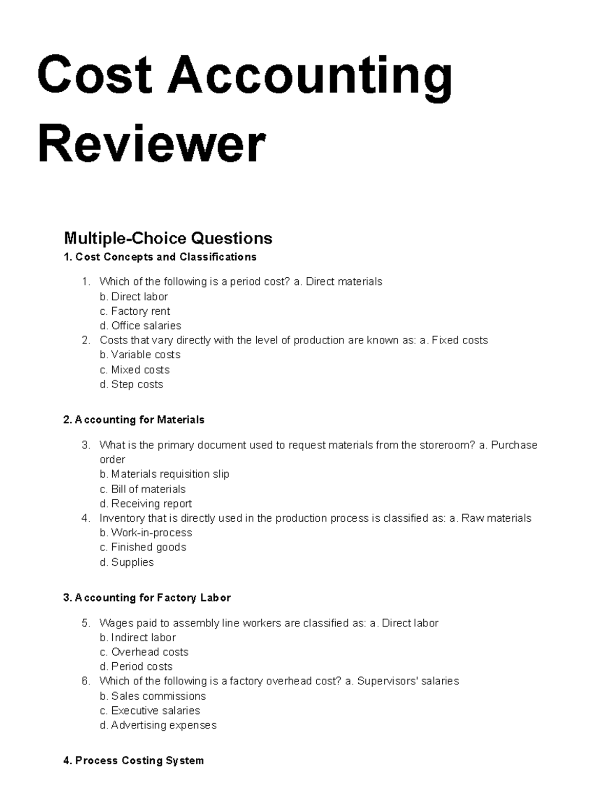 COST Accounting Brief Reviewer - Cost Accounting Reviewer Multiple ...