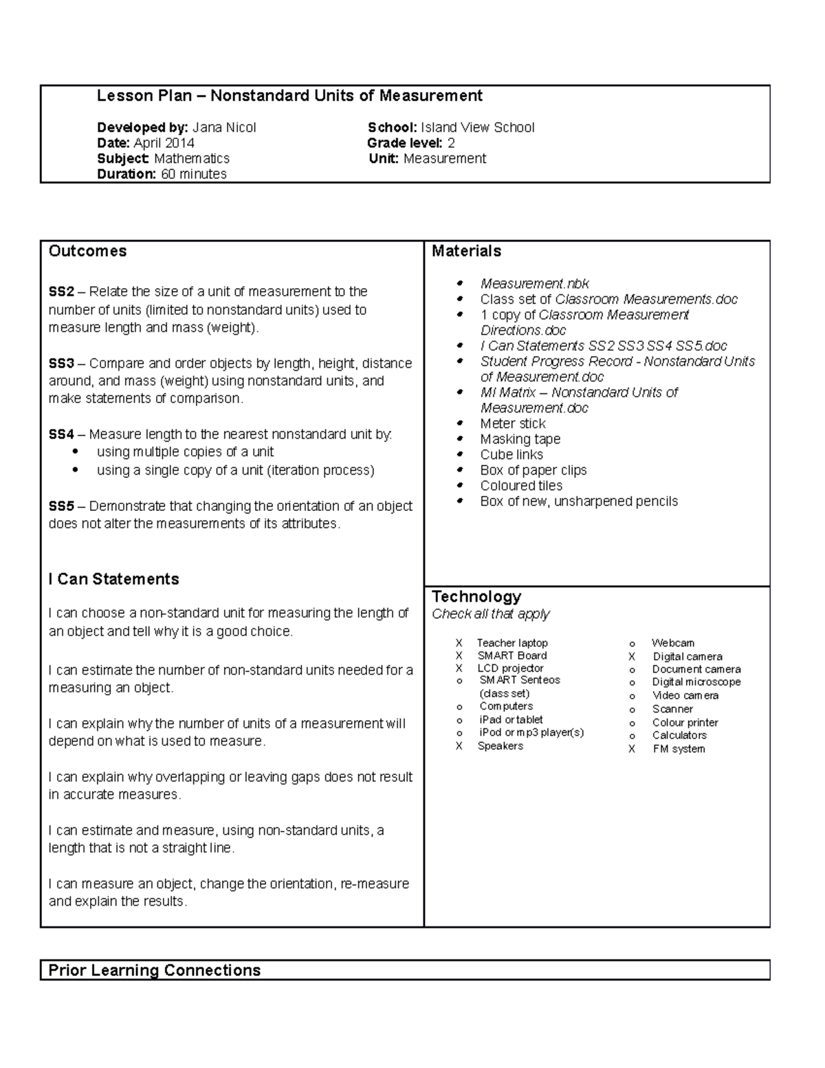 UDL Lesson Plan: Teaching Nonstandard Units of Measurement (Grade 2 ...