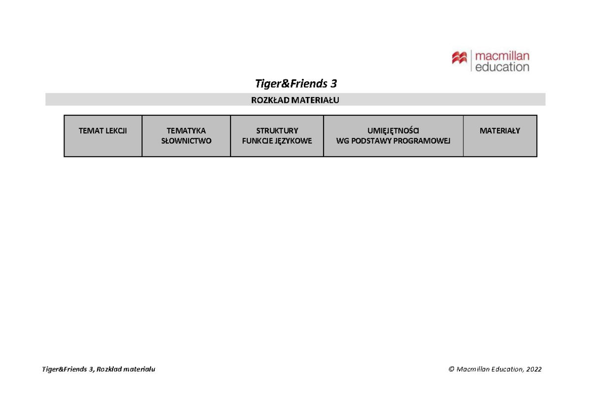Tiger and Friends 3: Rozkład Materiału PP 24-25 Lekcji - Studocu
