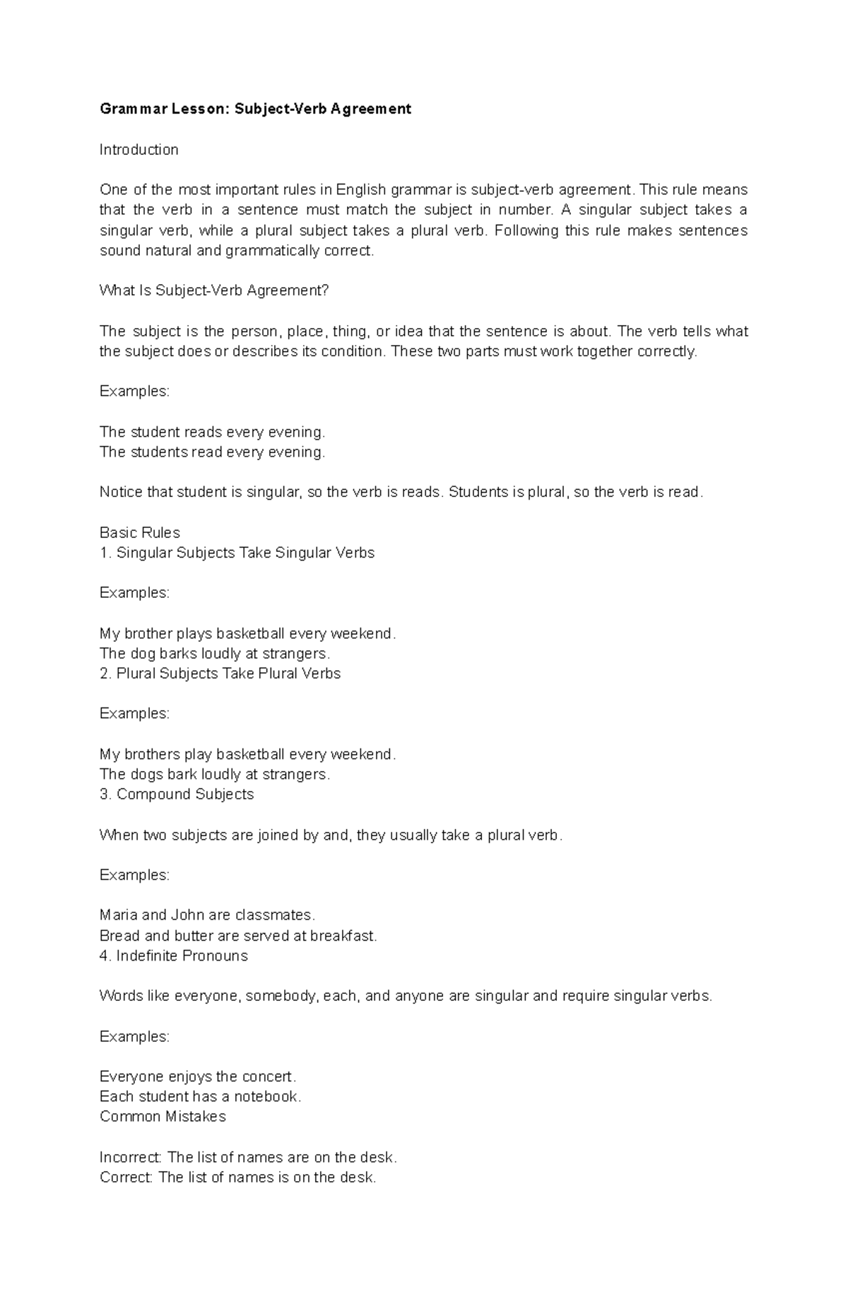 Grammar Lesson: Subject-Verb Agreement Overview - Studocu