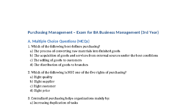 Purchasing Management Exam MCQs & Short Answers for BA 3rd Year - Studocu