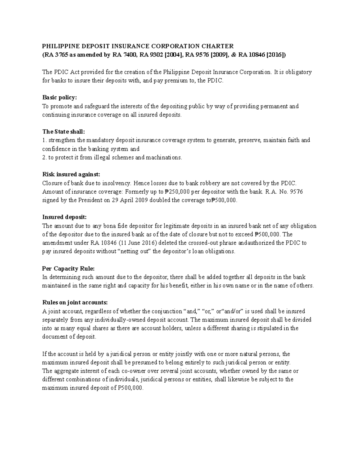 PDIC-Notes: Overview of the Philippine Deposit Insurance Corp. - Studocu