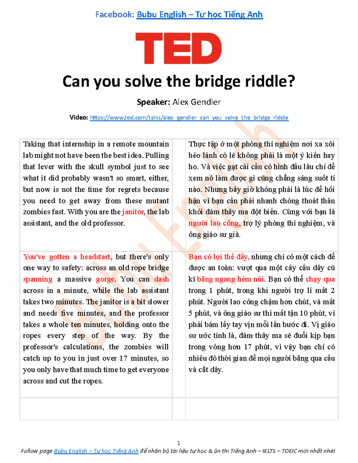 Can you solve the bridge riddle - Facebook: Bubu English – Tự học Tiếng ...