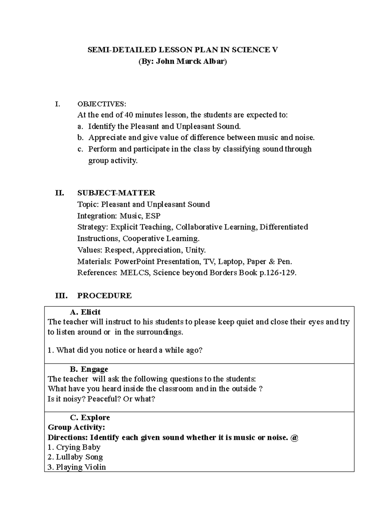 Lesson Plan on Pleasant and Unpleasant Sound (SCI V) - Studocu