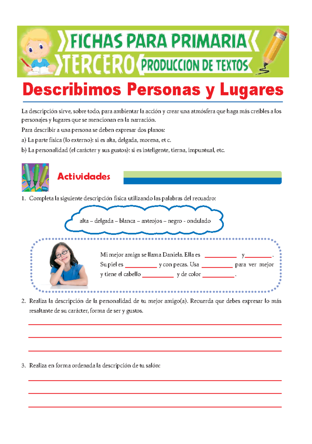 Descripción de Personas y Lugares - Tercero Primaria - Ejercicios - Studocu