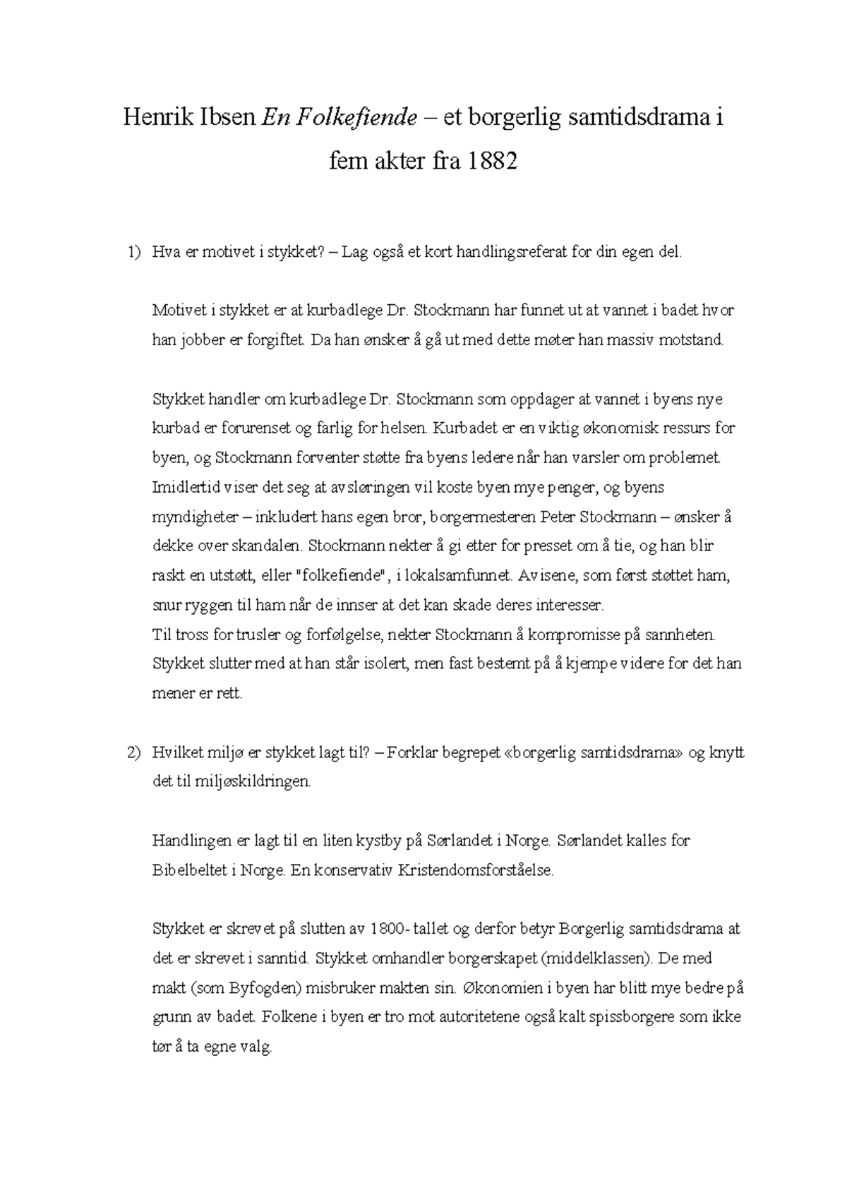 Norsk- oppgaver til Henrik Ibsens En folkefiende - Dramatisk analyse ...