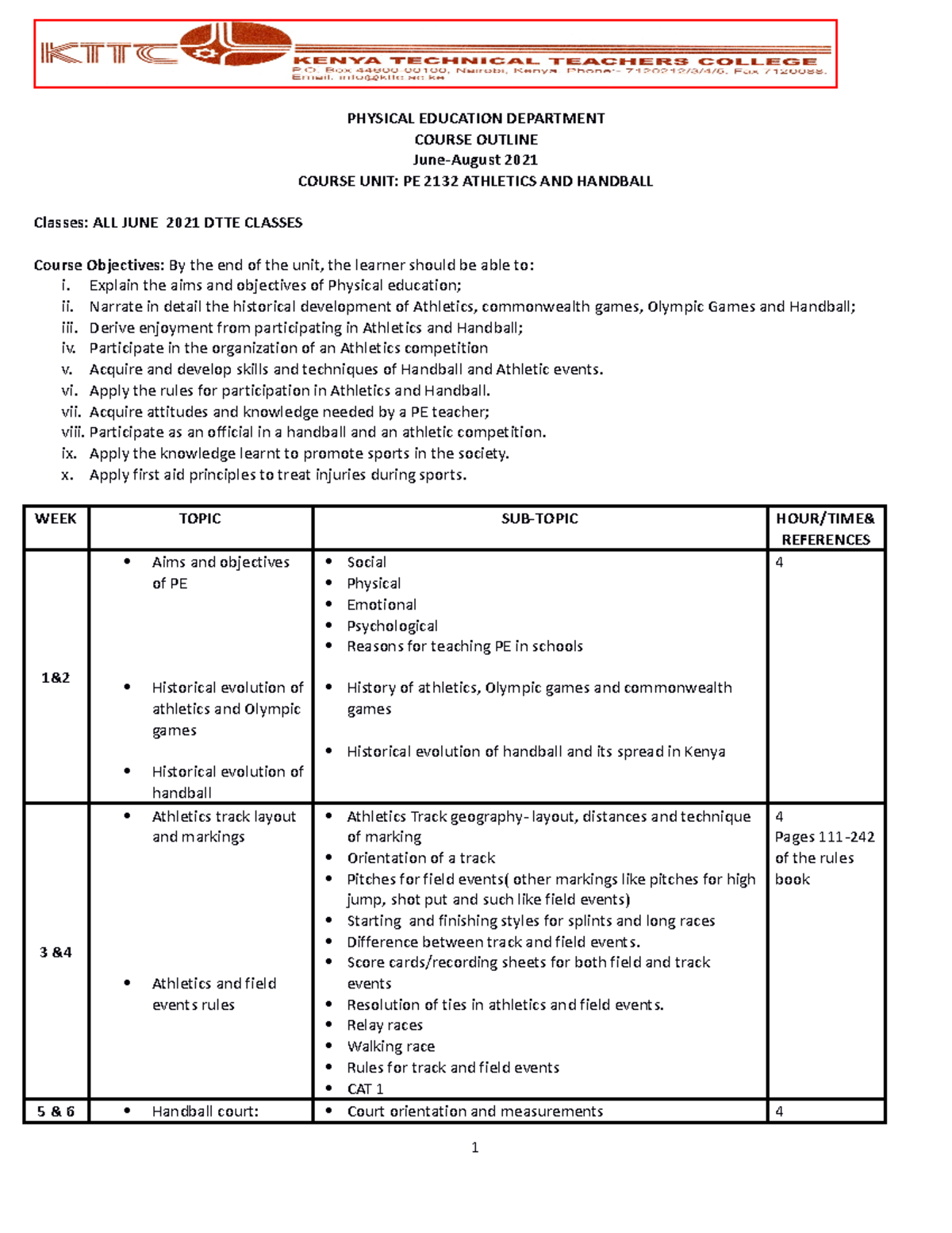 2132; PE Athletics and Handball Course Outline - June-August 2021 - Studocu