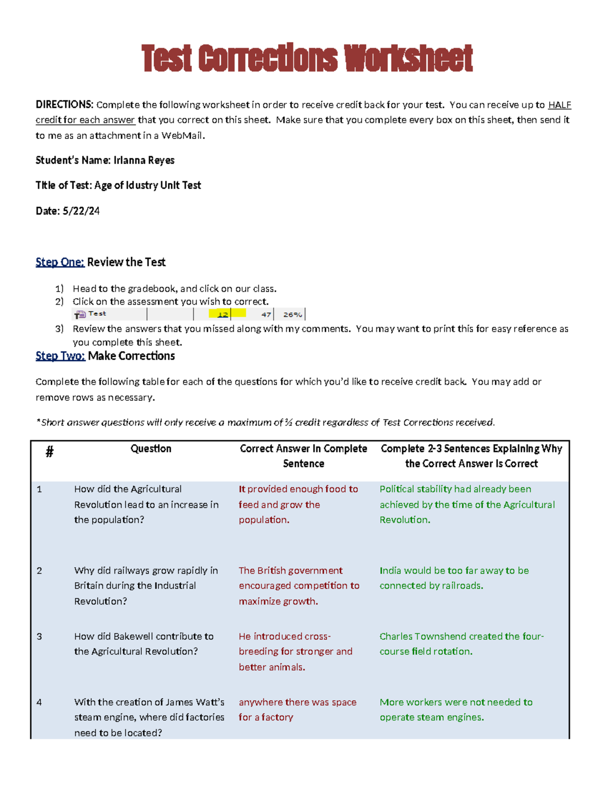Age of Industry Unit Test Corrections Worksheet - Studocu