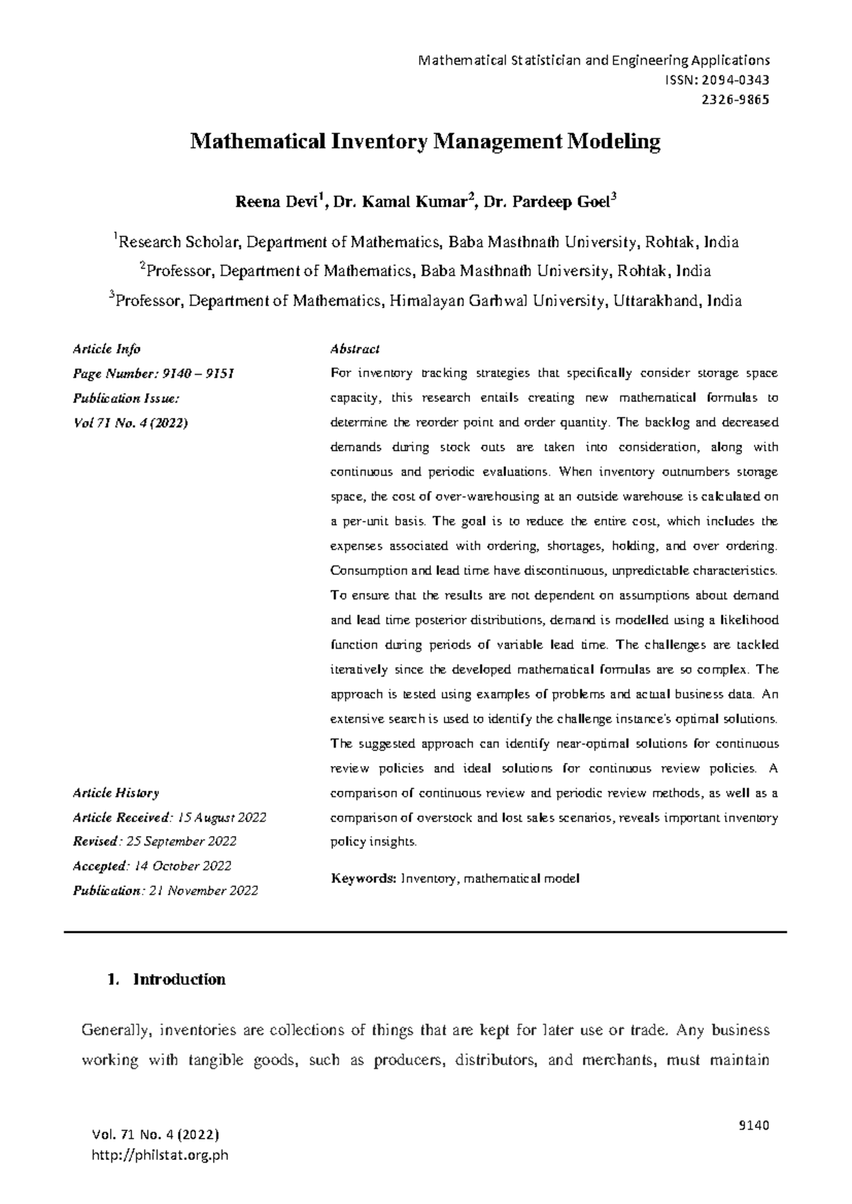 Mathematical Modeling of Inventory Management Strategies (MSE 2022 ...