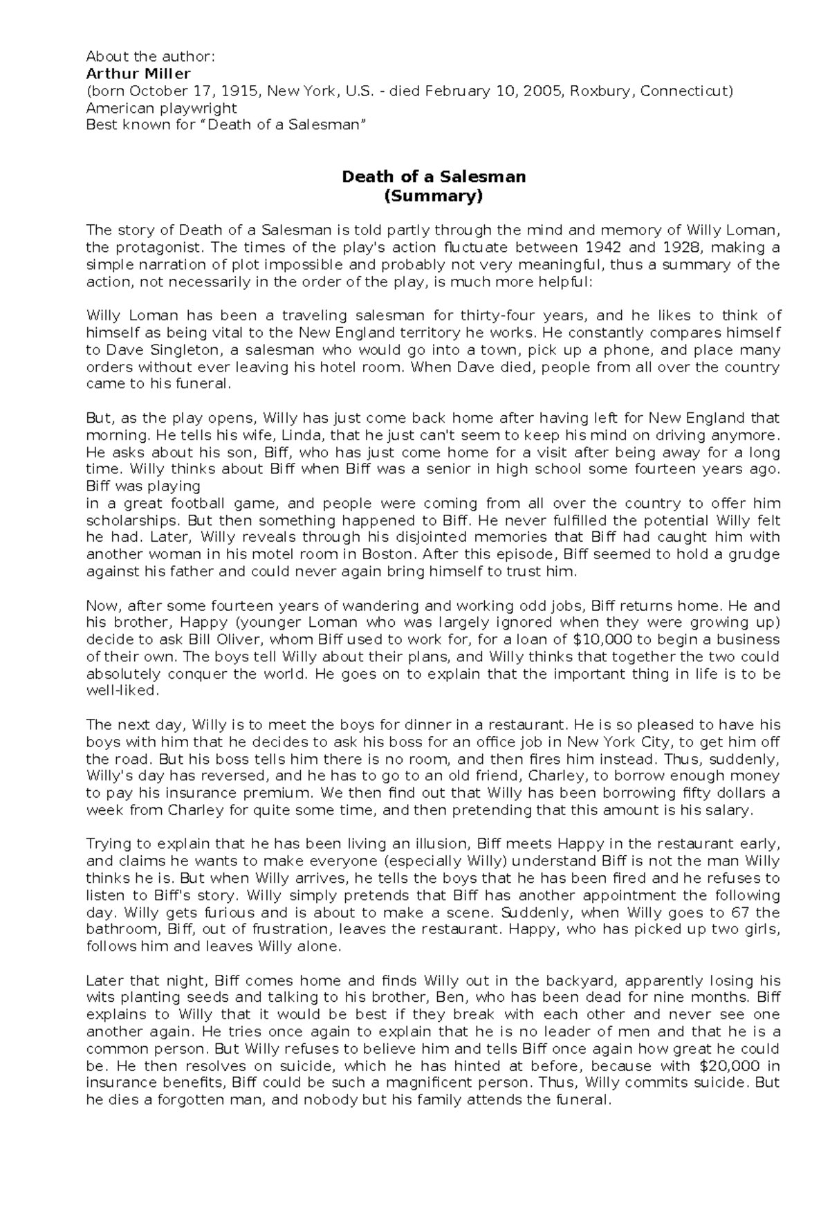 Study Notes: Death of a Salesman (ENG 101) - Summary and Analysis - Studocu