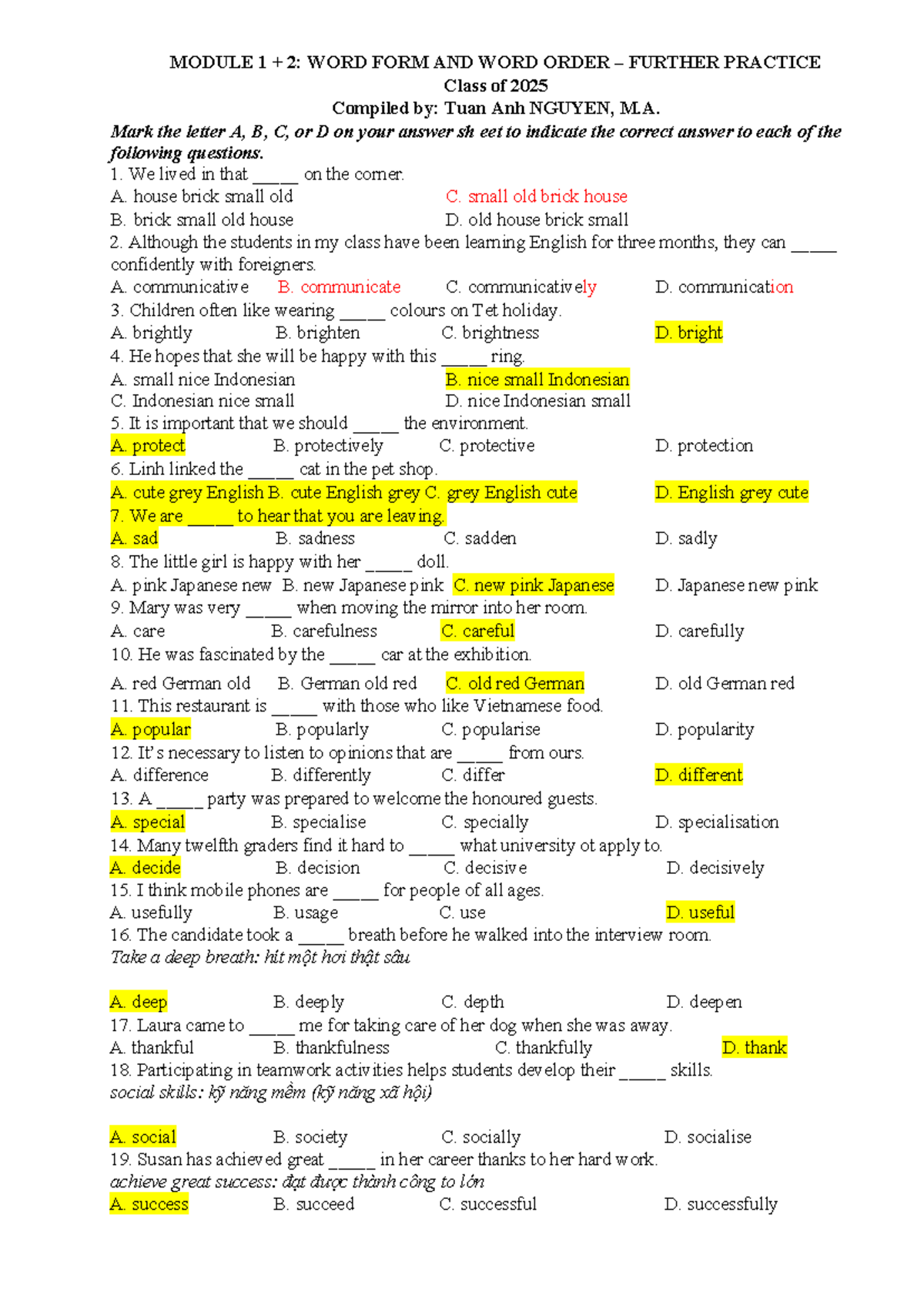 MODULE 1.2: WORD FORM & ORDER PRACTICE - Class of 2025 - Studocu