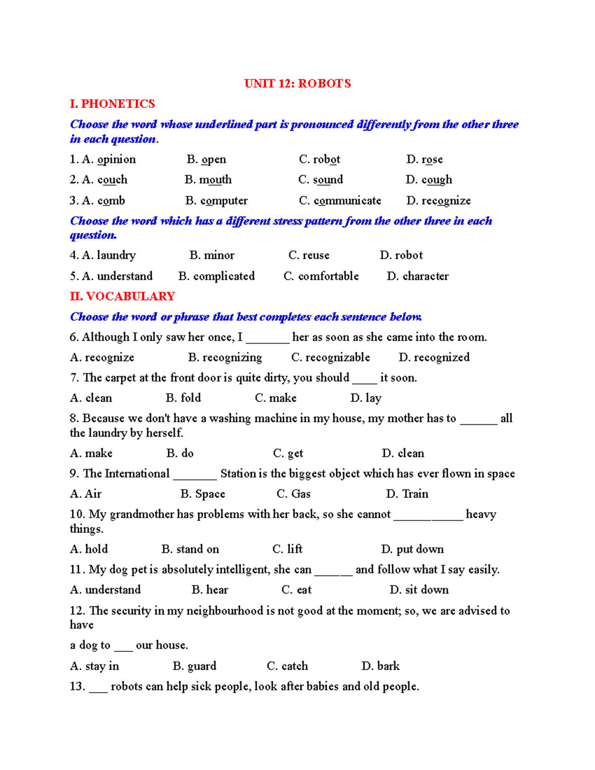 Unit 12: Robots I - Phonetics and Vocabulary Exercises - Studocu
