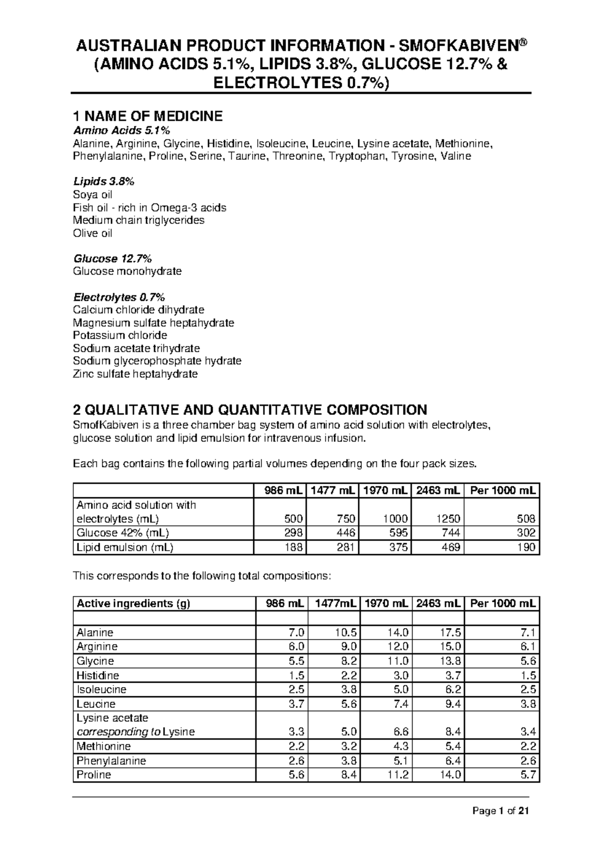 SmofKabiven Product Information: Amino Acids, Lipids, Glucose ...