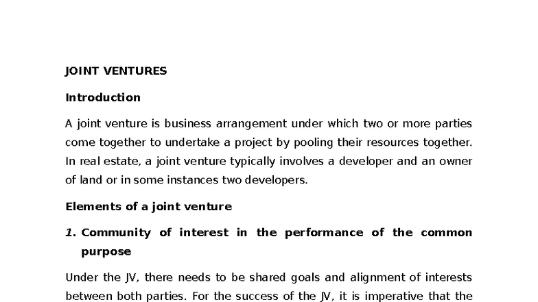 Joint Ventures (JV) Overview: Key Elements & Legal Framework - Studocu