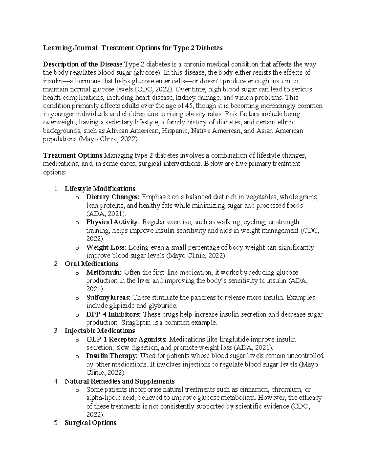 LJ 6 - LJ 6 - Learning Journal: Treatment Options for Type 2 Diabetes ...