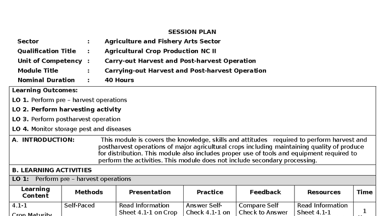 Agricultural Crop Production NC II: Harvest & Operation Session Plan ...