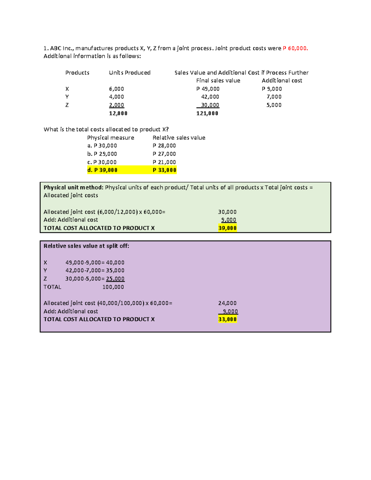 Joint Cost Allocation for Products X, Y, Z at ABC Inc. - Studocu