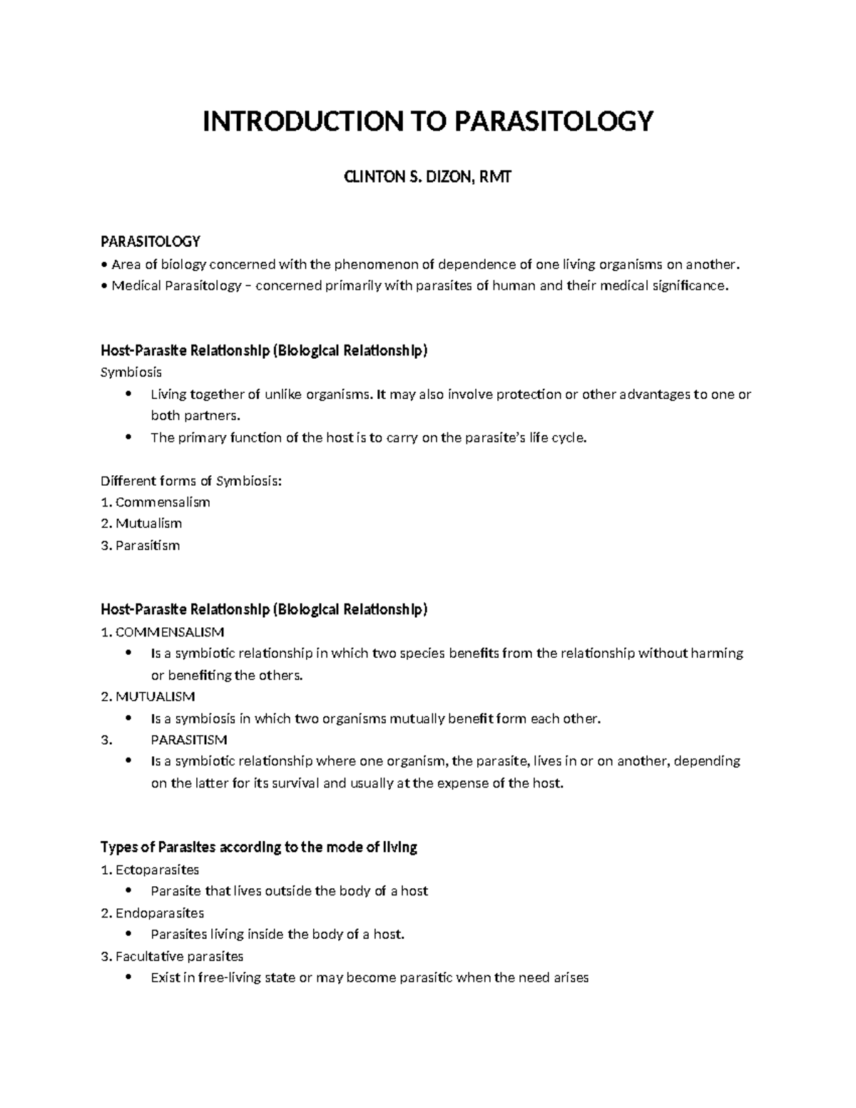 Introduction-TO- Parasitology - INTRODUCTION TO PARASITOLOGY CLINTON S ...