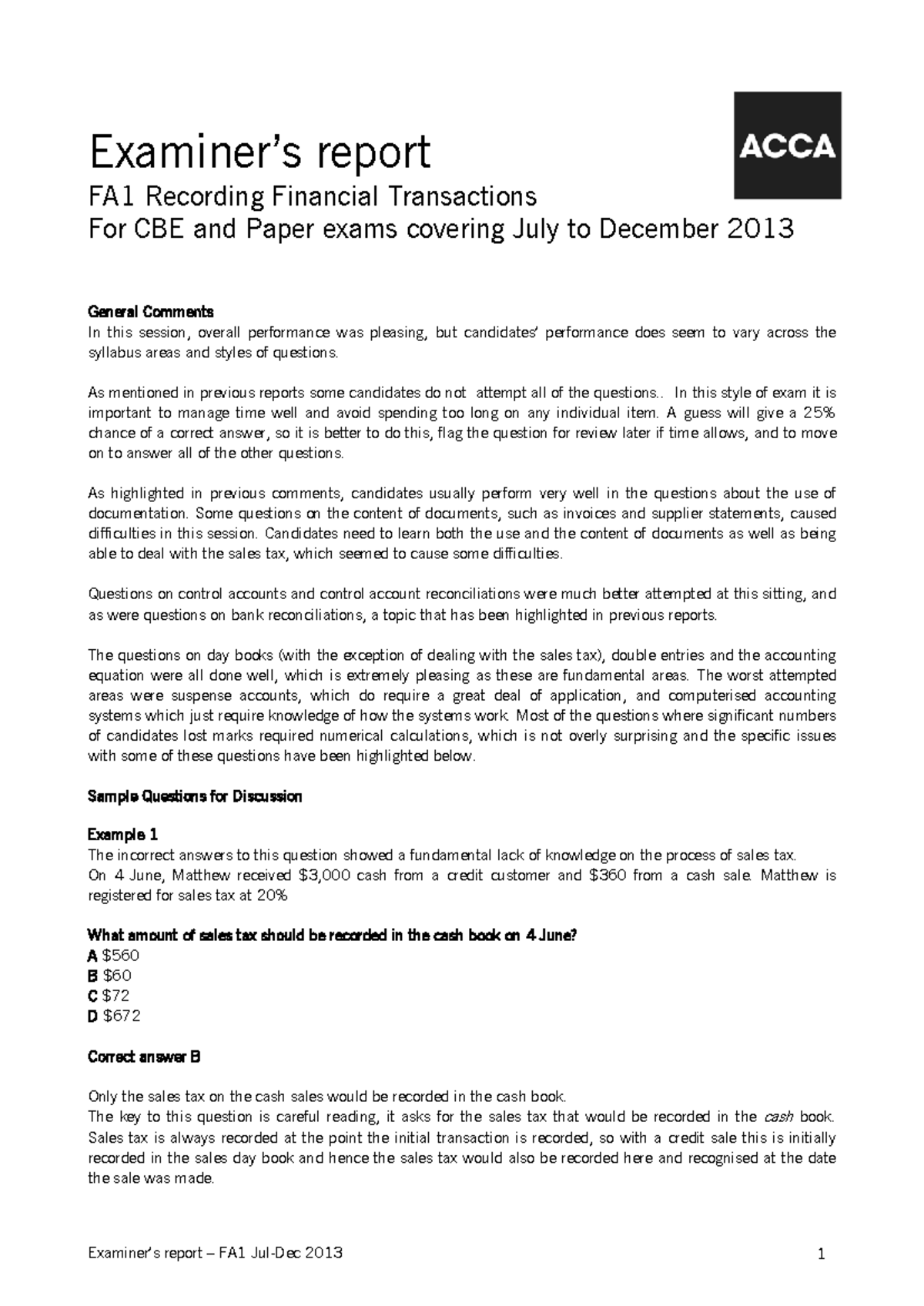 FA1 Examiner's Report: Recording Financial Transactions Jul-Dec 2013 ...