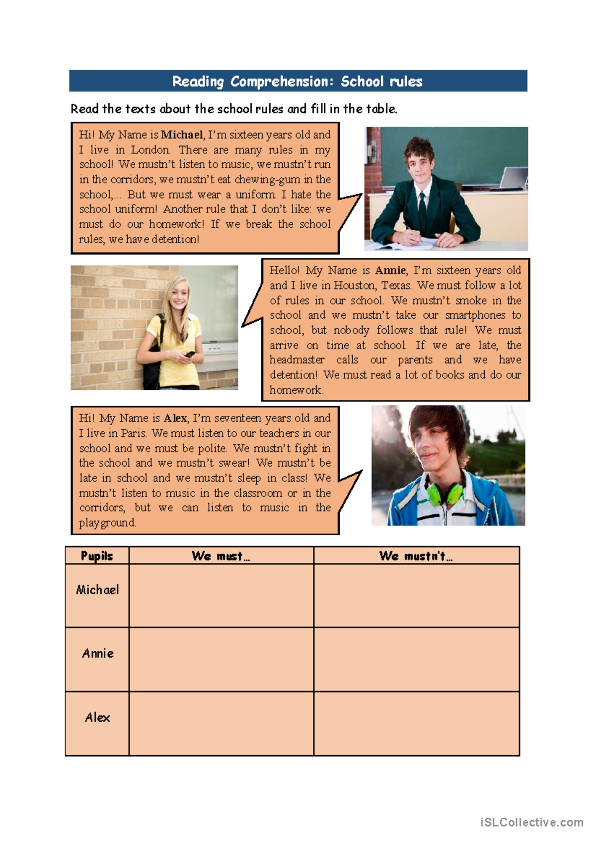 School rules (must and mustn't) - Reading Comprehension: School rules ...