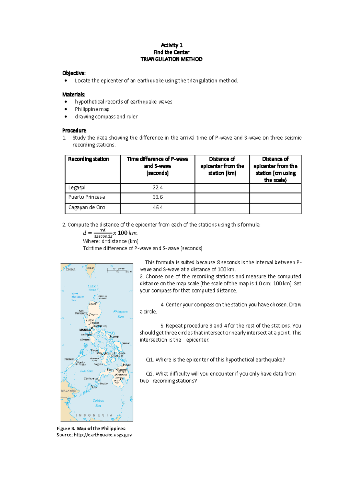 triangulation method - Materials: hypothetical records of earthquake ...