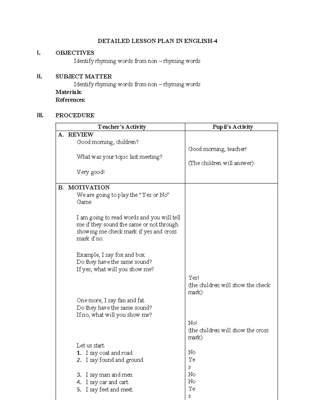 Detailed Lesson Plan: Identifying Rhyming Words (ENG 101) - Studocu