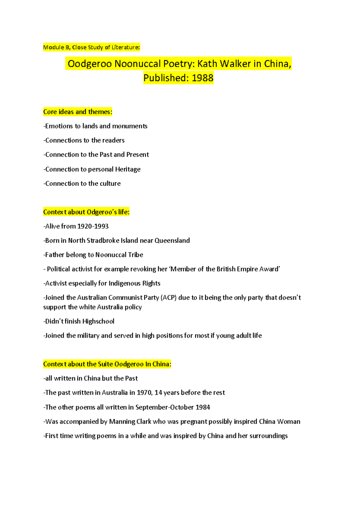 Oodgeroo Noonuccal Poetry Analysis: Close Study Module B Notes - Studocu
