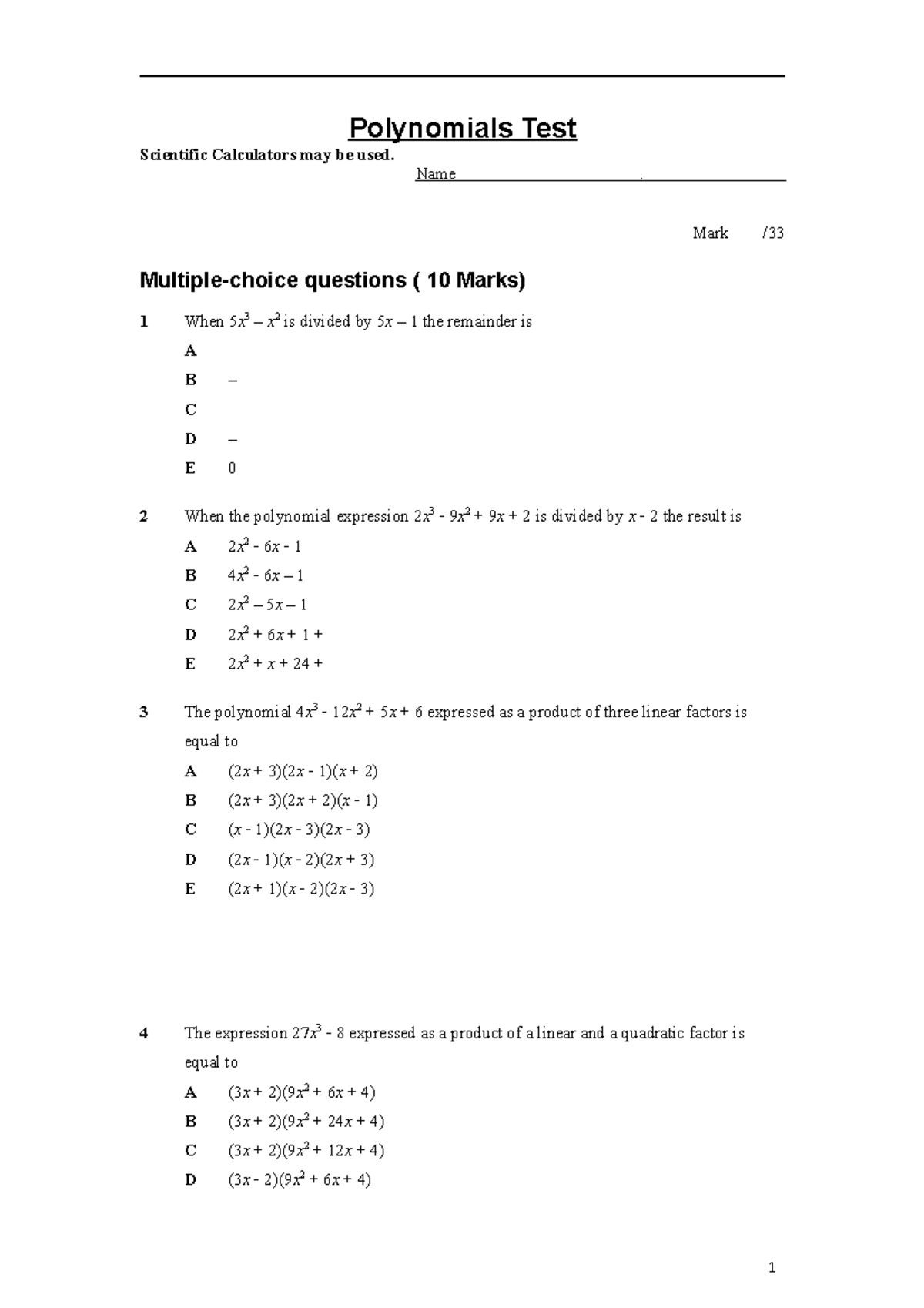 2021 Math 101 Polynomials Test - Practice Questions & Answers - Studocu