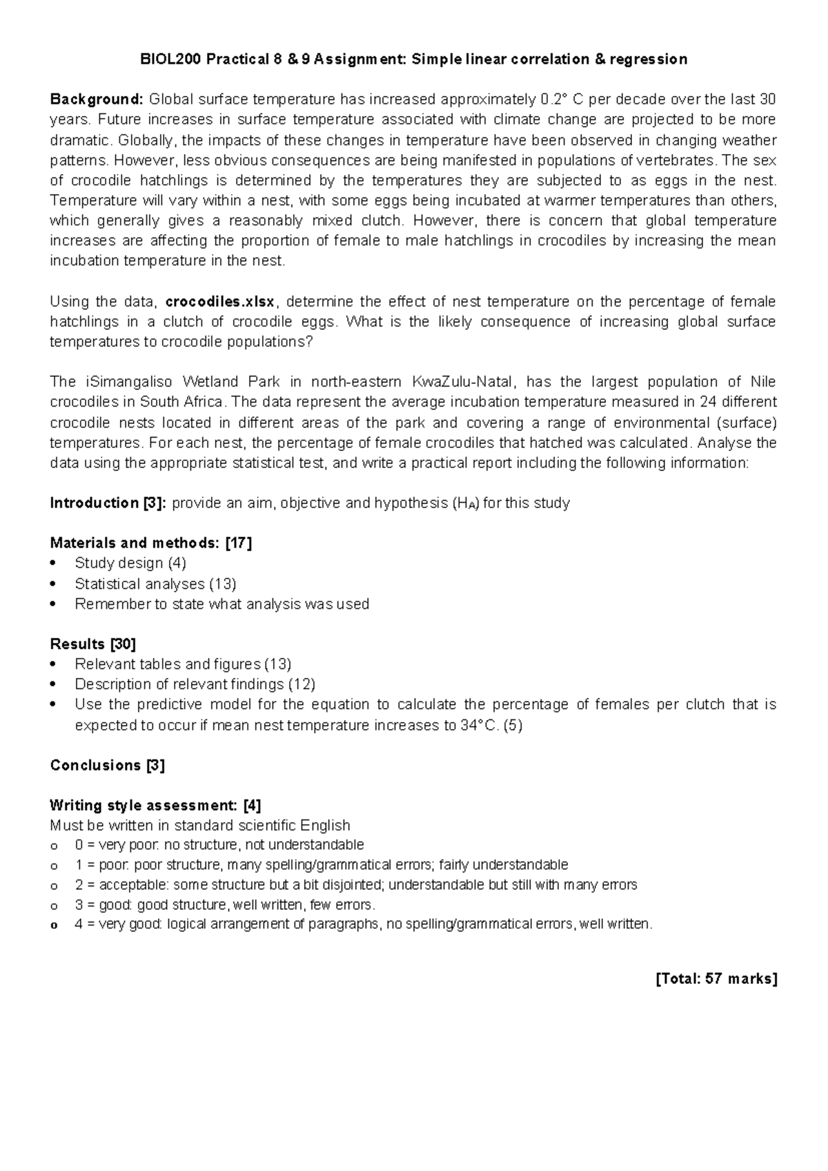 BIOL200 Prac 8 & 9: Correlation & Regression Assignment Guidelines - Studocu