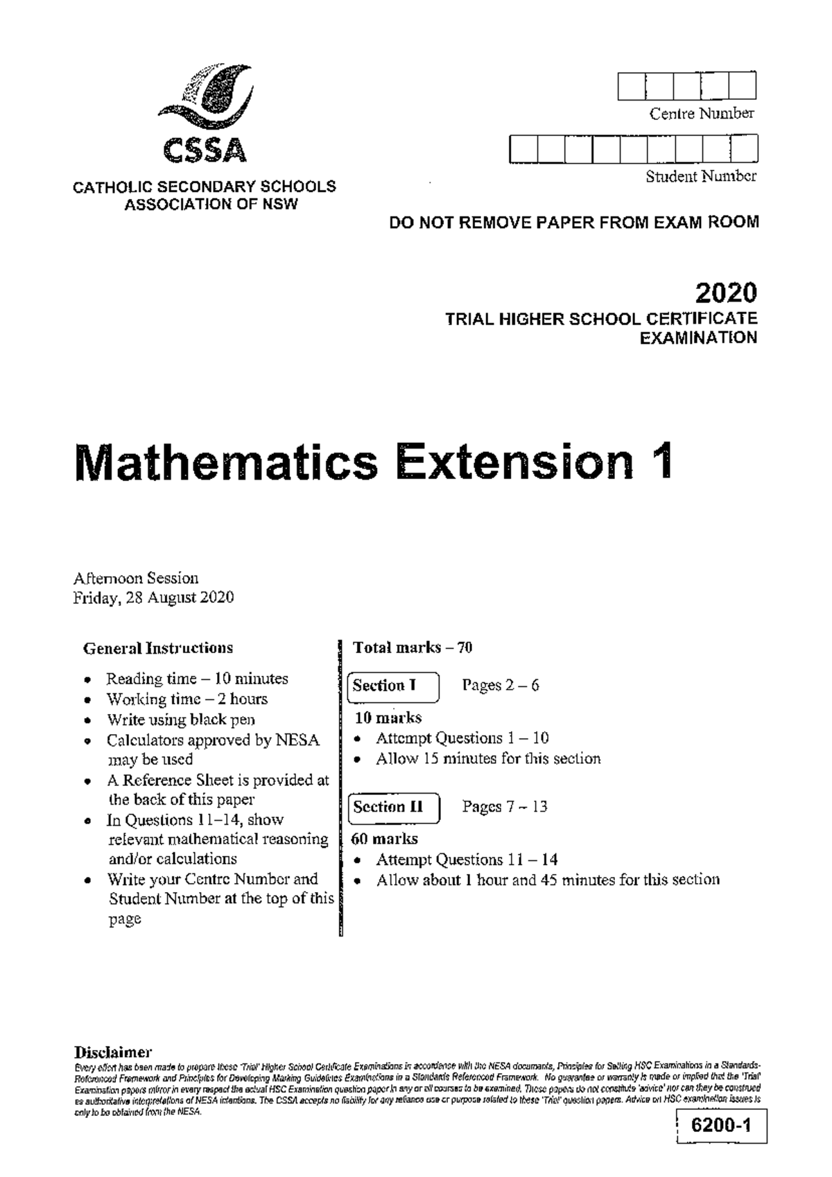 2020 Trial HSC Mathematics Extension 1 Exam & Marking Guidelines - Studocu
