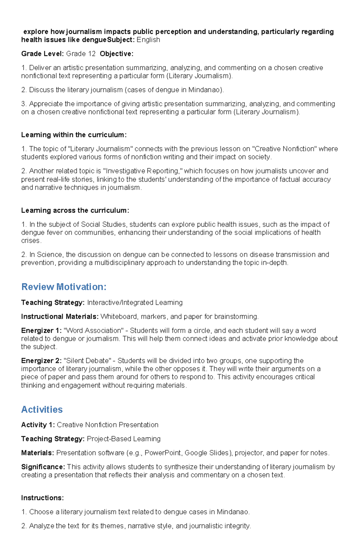 ENG 12 Lesson Plan: Exploring Literary Journalism & Health Issues - Studocu