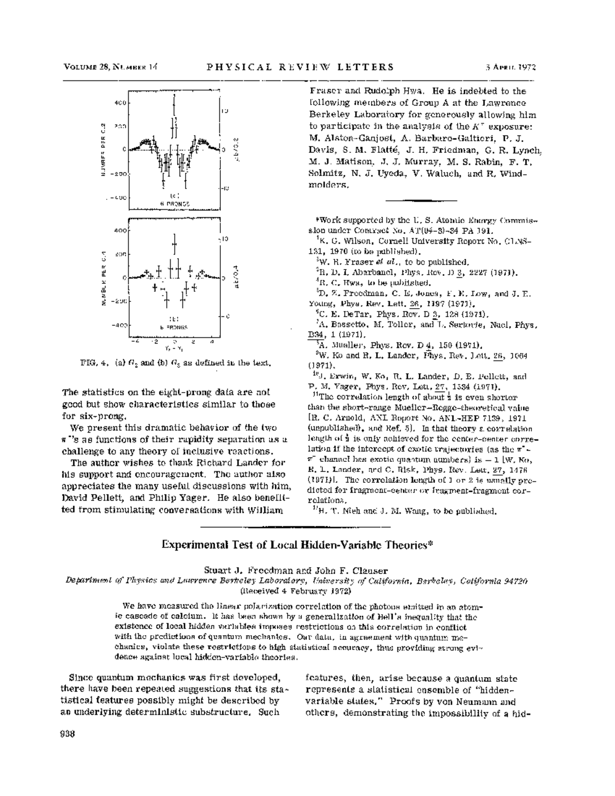 PHYSICAL REVIEW LETTERS V28, N14: John Clauser's Photon Correlation ...
