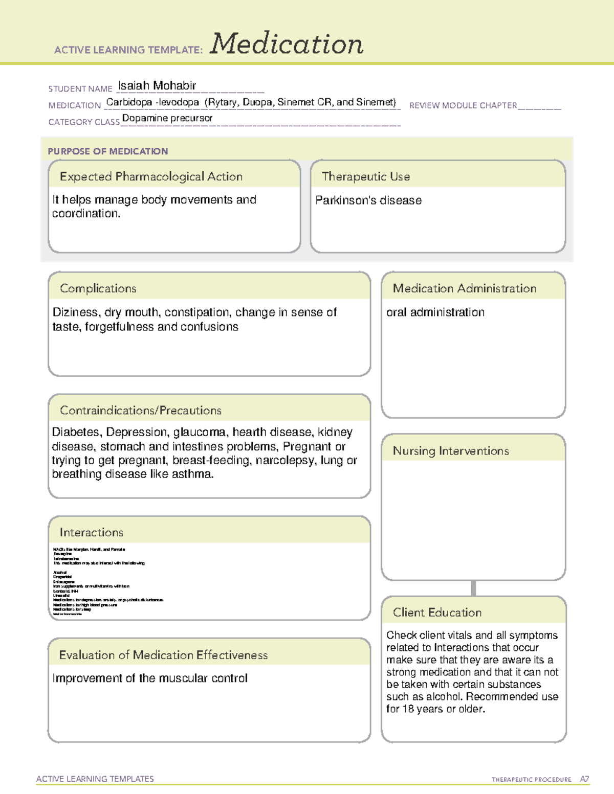 Carbidopa-Levodopa Med Card: Active Learning Template for Nursing - Studocu