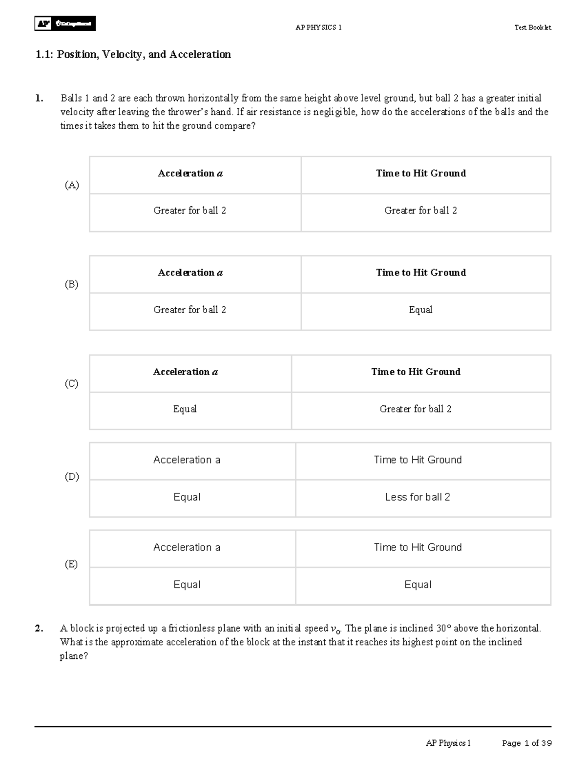 TB 11: Position, Velocity, and Acceleration - 53 MCQ Study Guide - Studocu