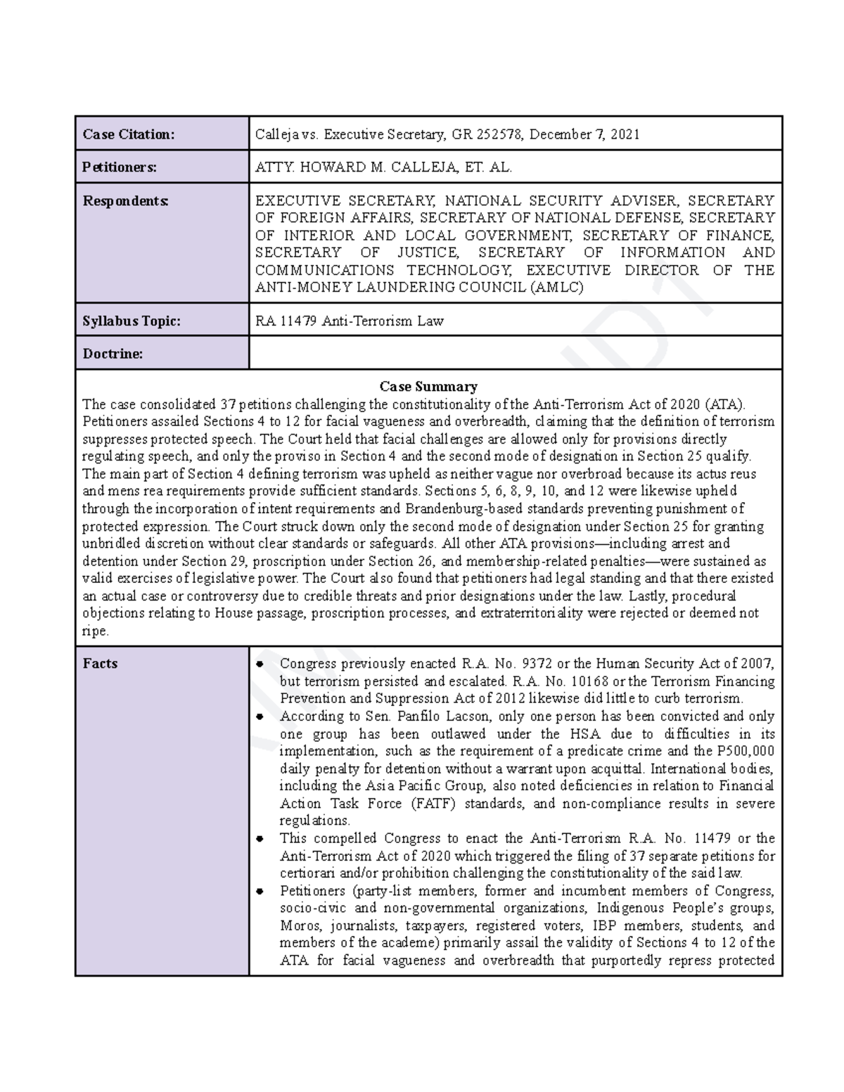 Calleja vs. Executive Secretary: GR 252578 Case Analysis on RA 11479 ...