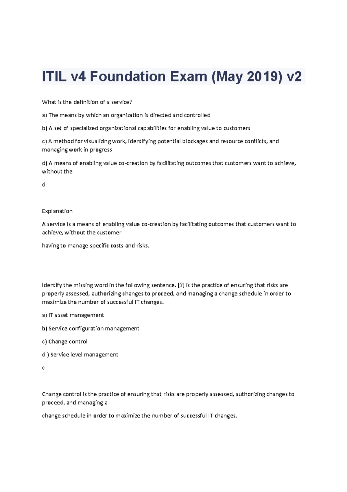 ITIL v4 Foundation Exam Guide and Study Notes (May 2019) - Studocu