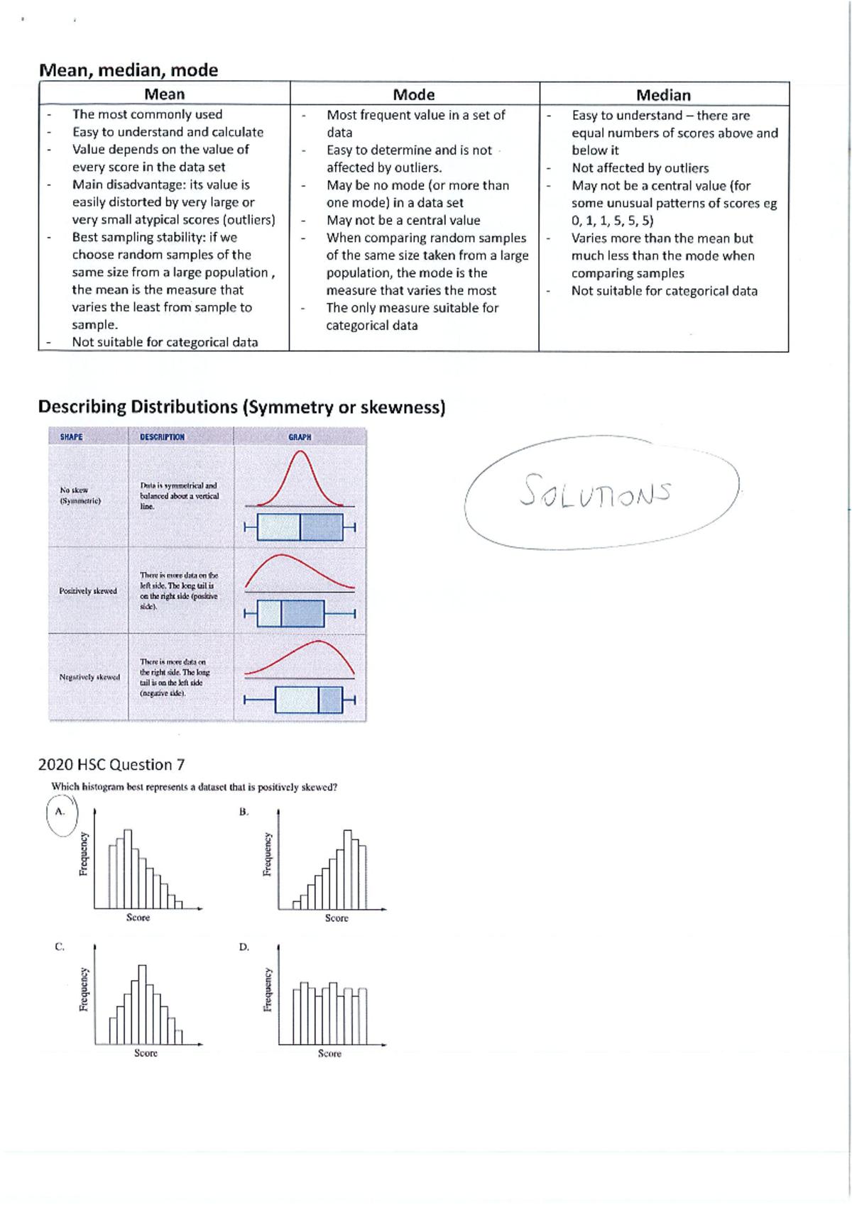 Data Solutions: Mean, Median, Mode, and Distribution Analysis (HSC 2020 ...
