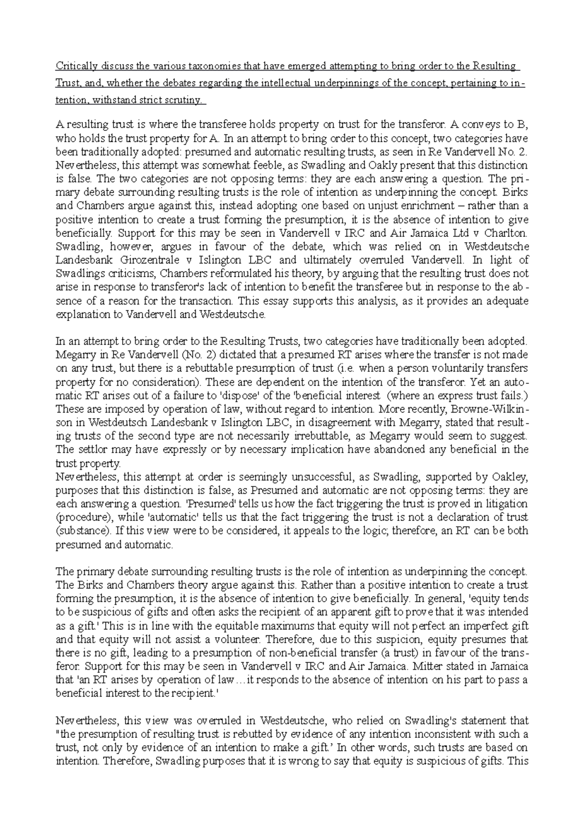 Resulting Trusts Revisited: Taxonomy and Intention Analysis Essay - Studocu