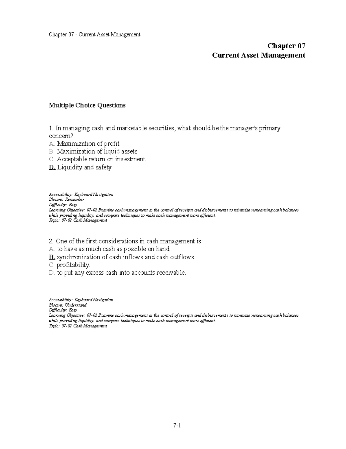 Test Bank for FIN 220: Chapter 07 - Current Asset Management - Studocu